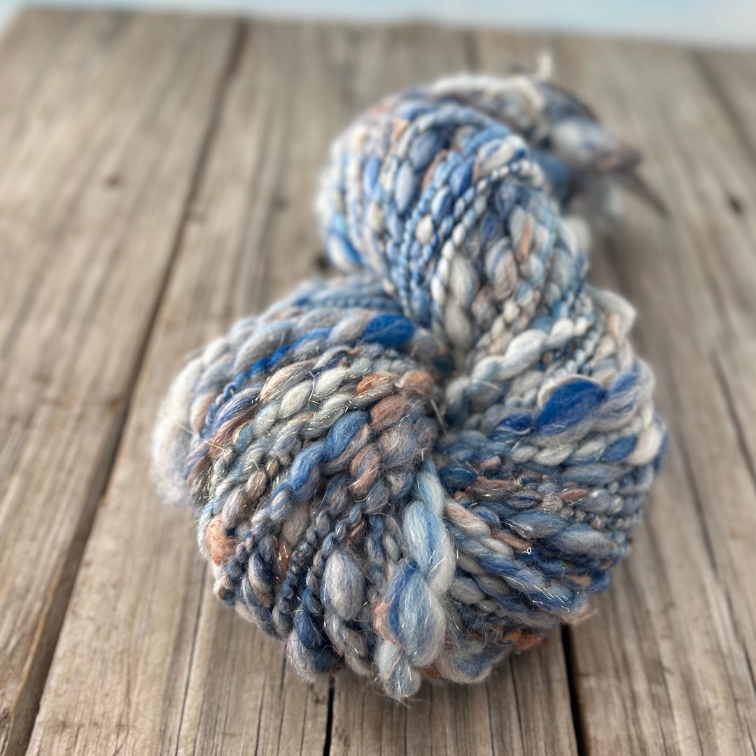 Handspun Art Yarn, Thick & Thin Spiral Plied, Sparkly Sky Blue Silver ...