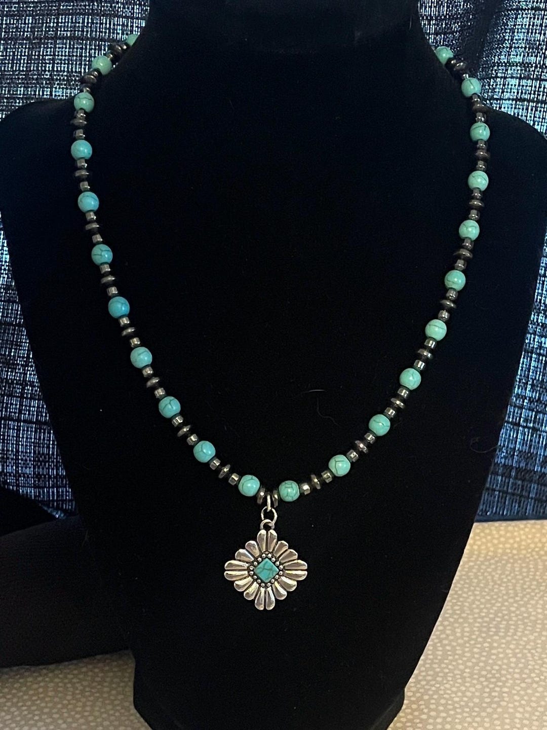 Handcrafted Hematite & Turquoise-dyed Howlite Necklace With Western ...