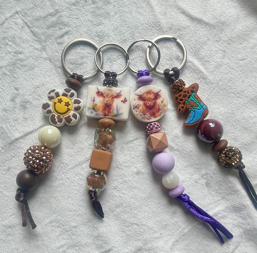 Fun Western-inspired Small Beaded Keychains, 4 Designs: Cowboy Hat ...