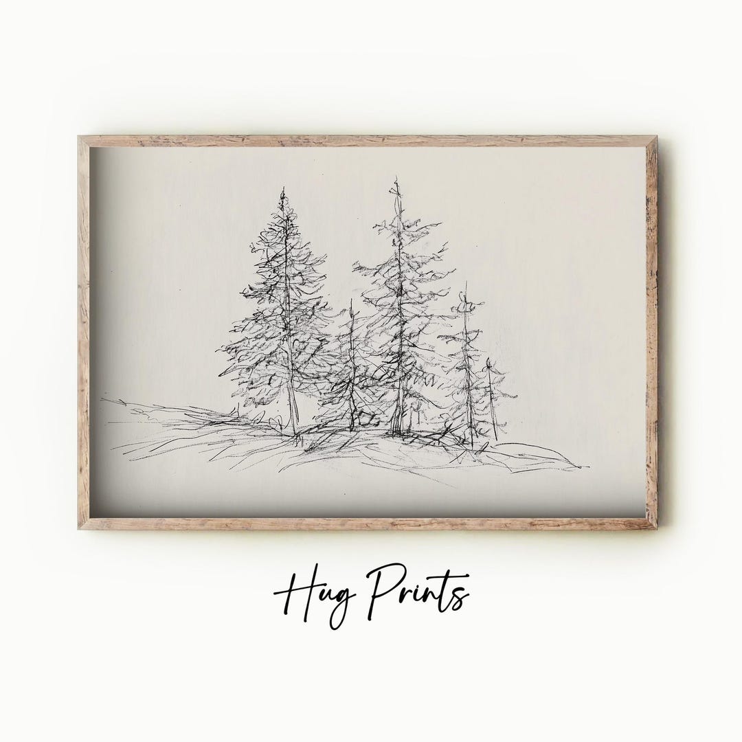 Vintage Winter Tree Line Drawing Print, Rustic Winter Holiday Printable ...