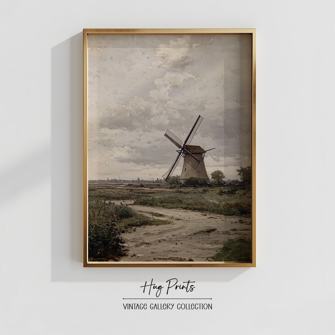 Vintage Windmill Landscape Printable, Rustic Country Wall Art, Old ...
