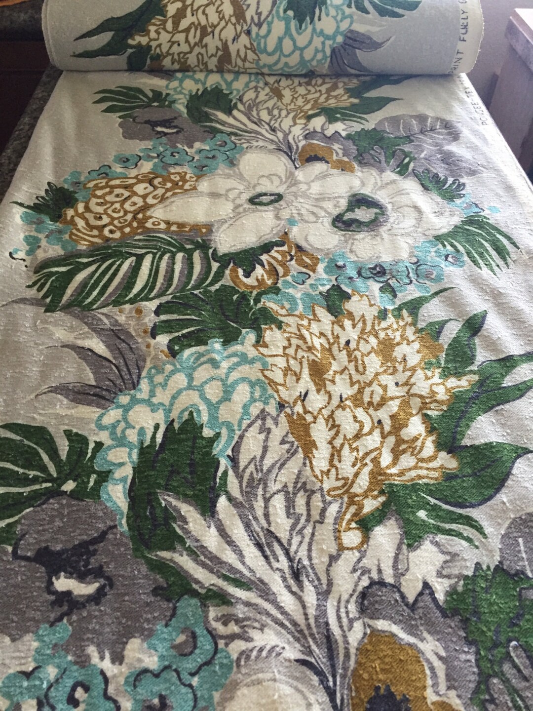 Floral Silk Cotton Pongee Fabric: Turquoise, Amber, Green - "san Juan ...
