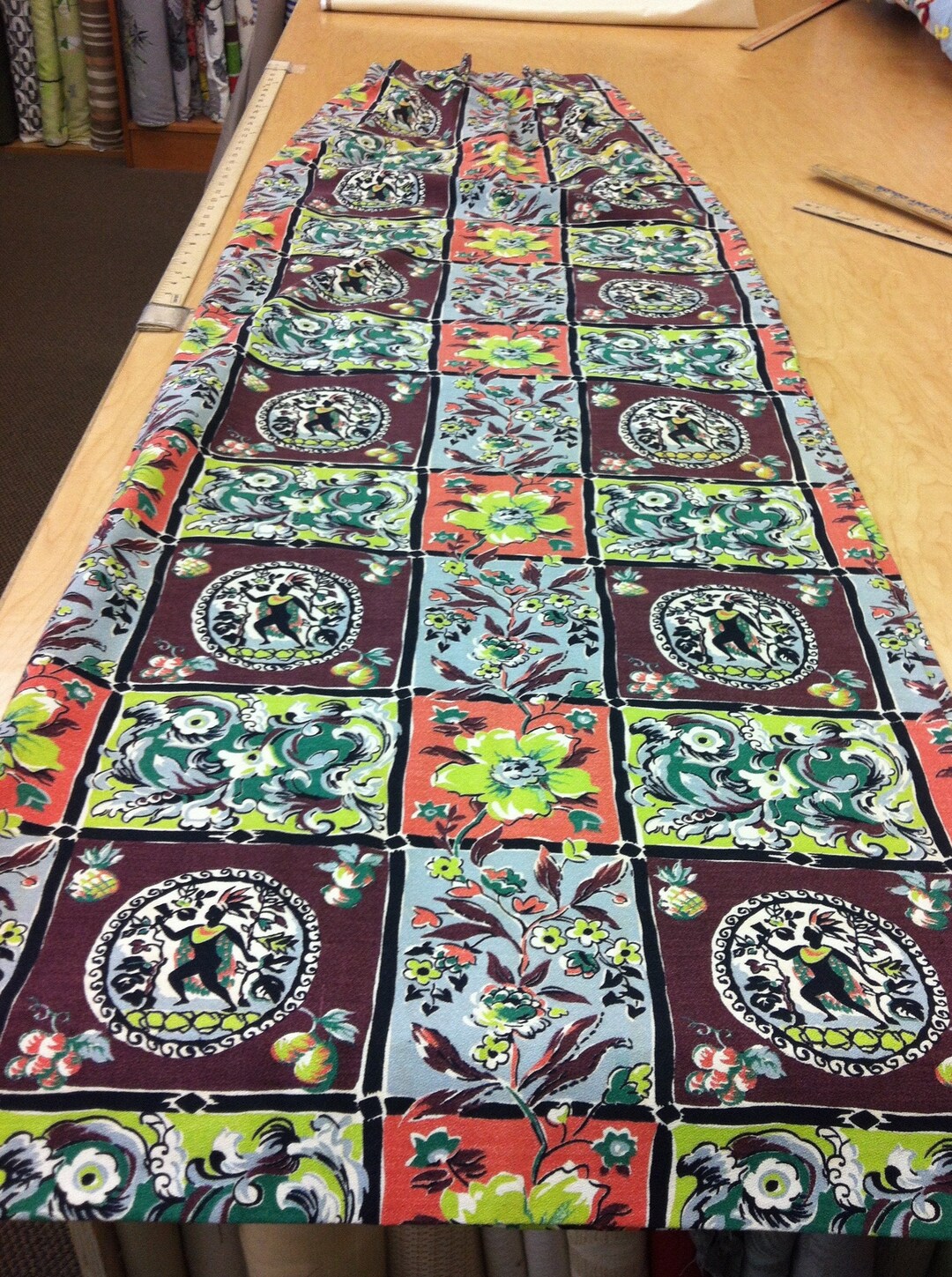 RARE Vintage Art Deco Barkcloth Panel Black Blocks Floral Medallions in ...