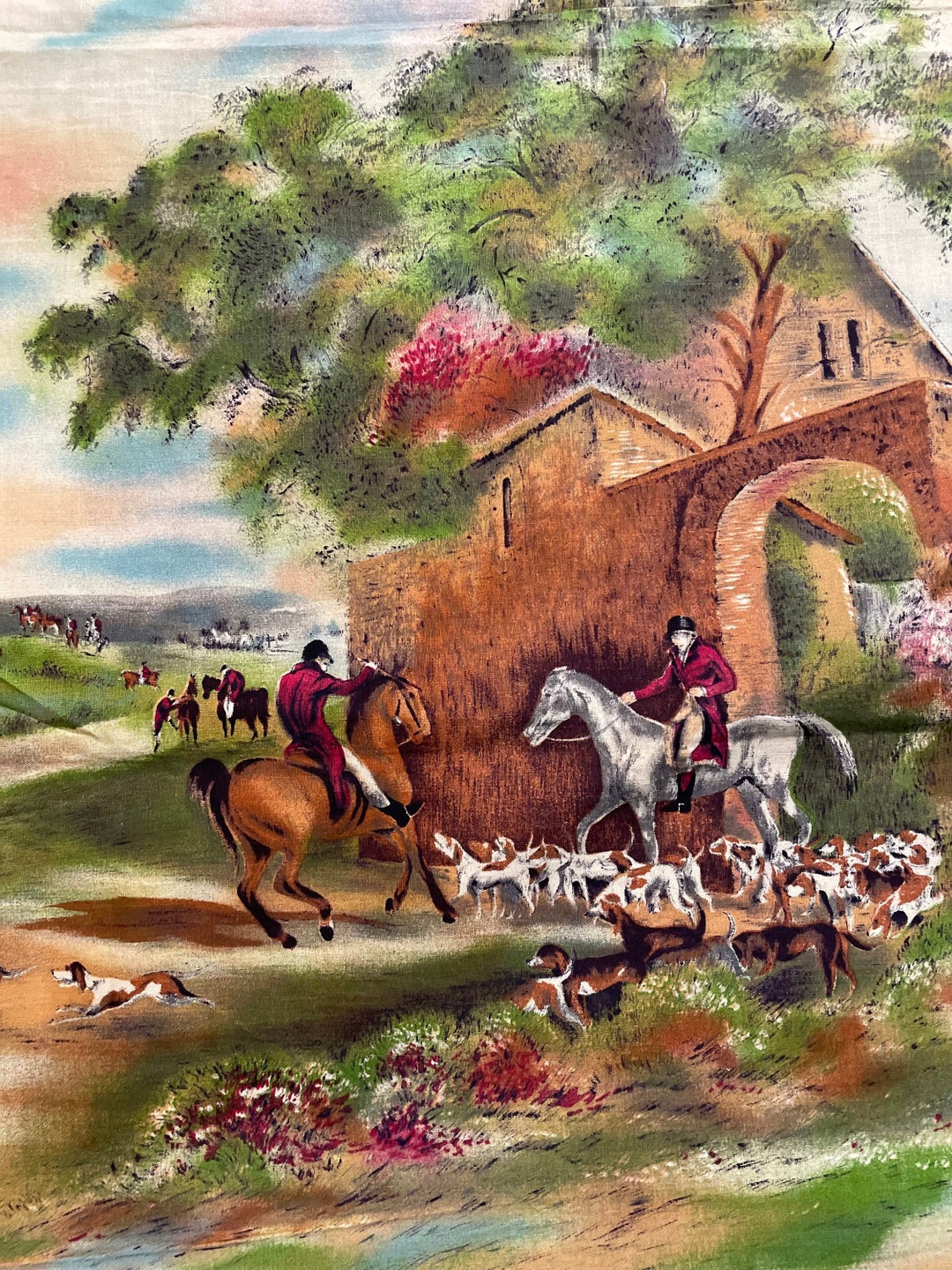 Vintage English Hunting Scene Fabric: Beagles Screen Print, 64" X 38 ...
