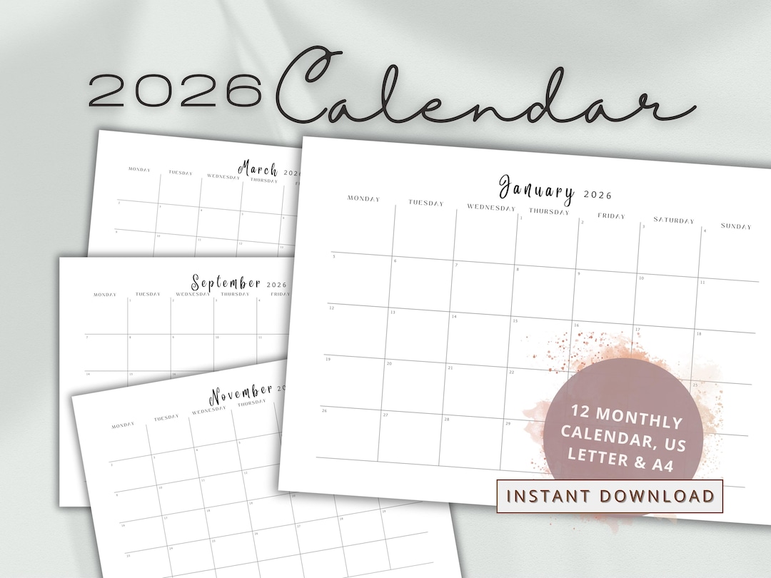 2026 Monthly Calendar Printable, Minimalist Landscape, A4 Letter Size ...