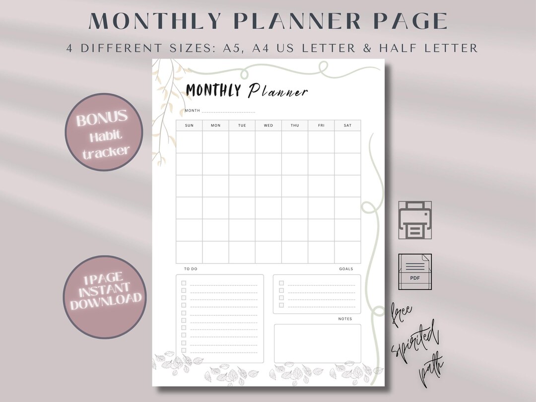 Undated Monthly Planner Printable, Month on One Page, Month at a Glance ...