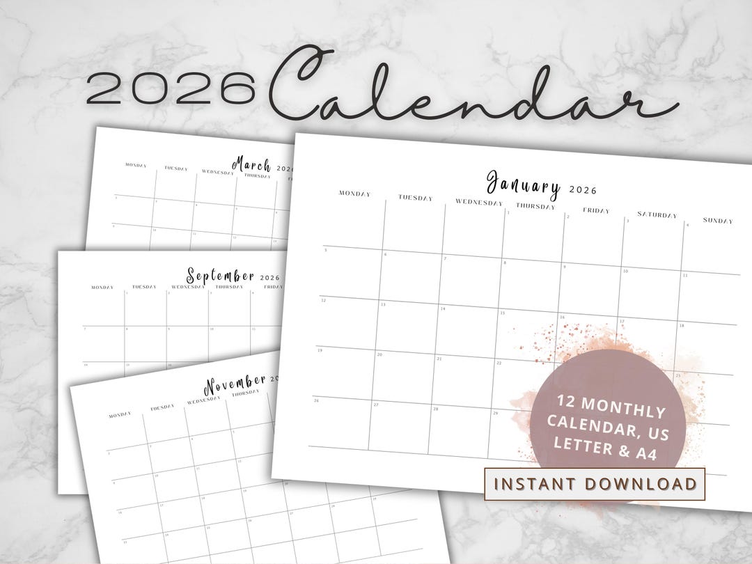 2026 Monthly Calendar Printable, Minimalist Landscape, A4, Letter Size ...