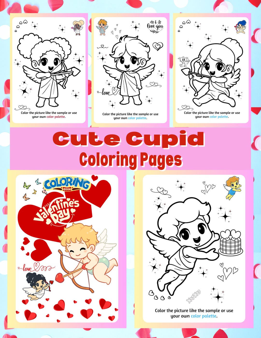 Cute Cupids Coloring Pages With Sample Colored Images - Fun Valentine's ...