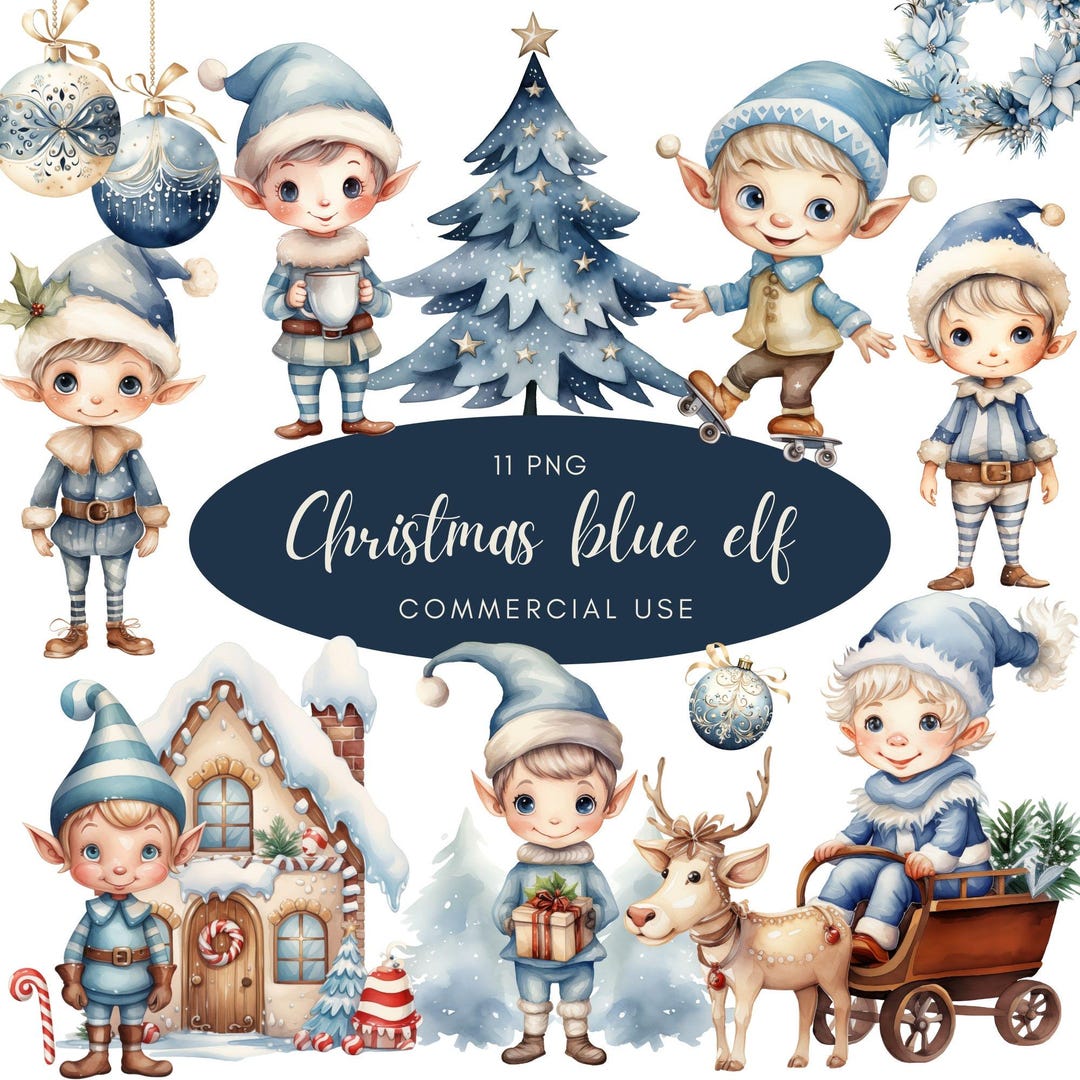 Christmas Blue Elf Printable Decor | Cute Watercolor Elf Posters ...