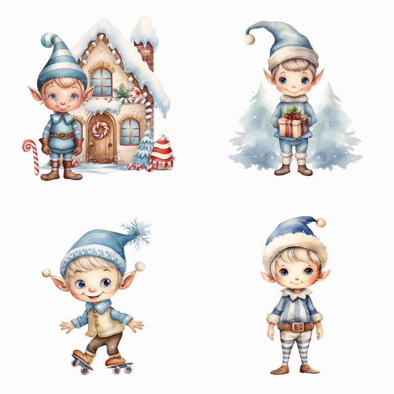 Christmas Blue Elf Printable Decor | Cute Watercolor Elf Posters ...