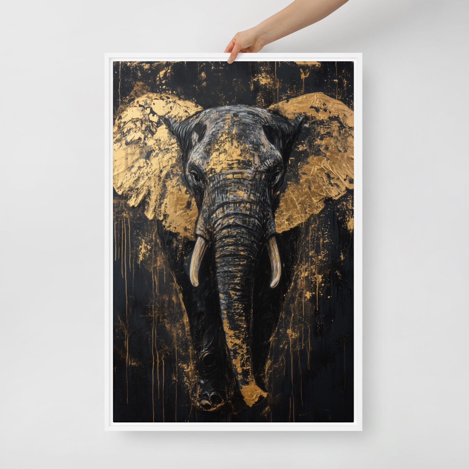Elephant Wall Art Framed Canvas – Black and Gold Elephant Print ...