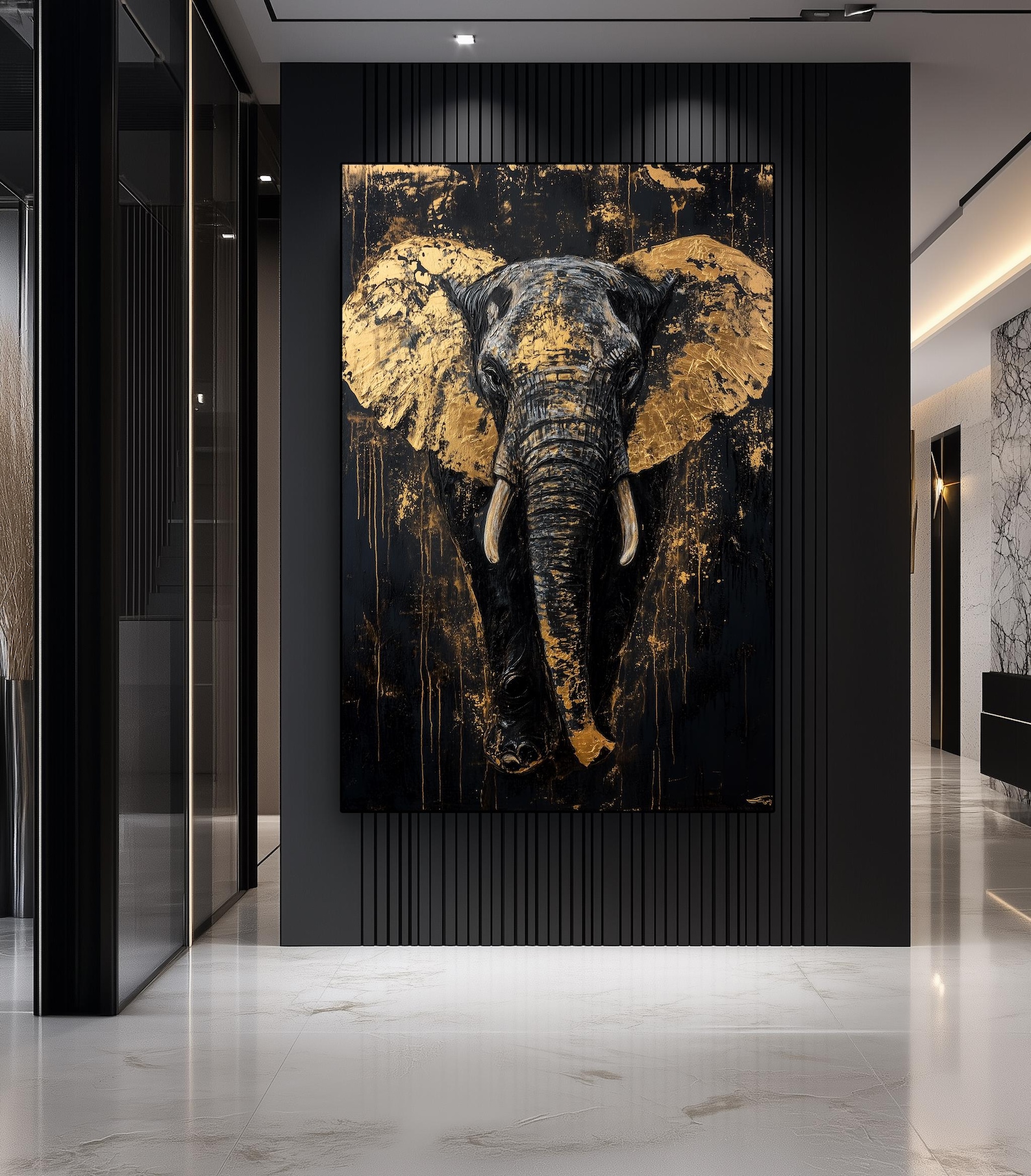 Elephant Wall Art Framed Canvas – Black and Gold Elephant Print ...