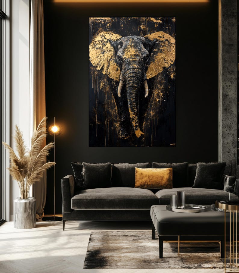 Elephant Wall Art Framed Canvas – Black and Gold Elephant Print ...