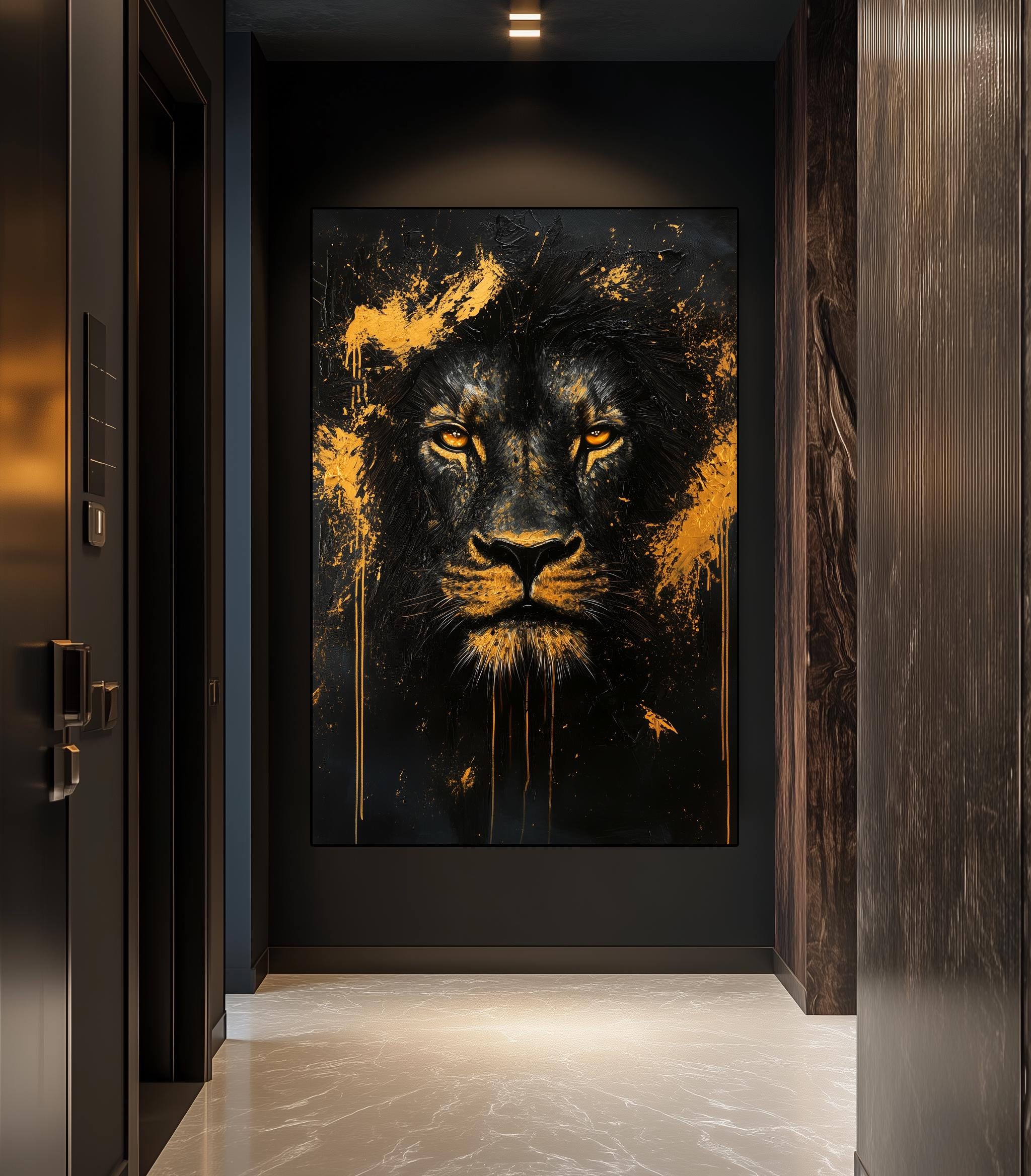 Lion Wall Art Digital Print – Black and Gold Lion Poster, Printable ...