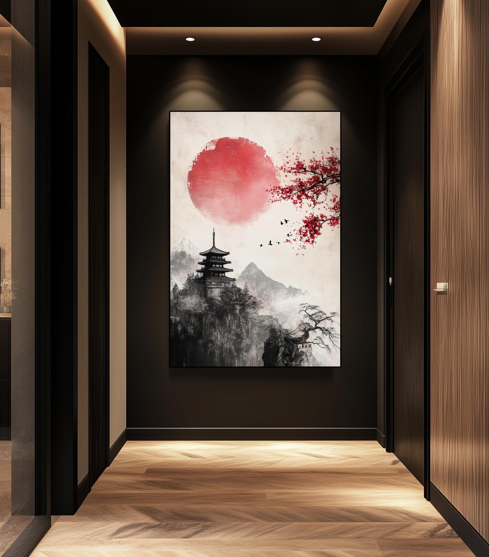 Japanese Wall Art Printable, Red Sun and Pagoda Minimalist Digital ...