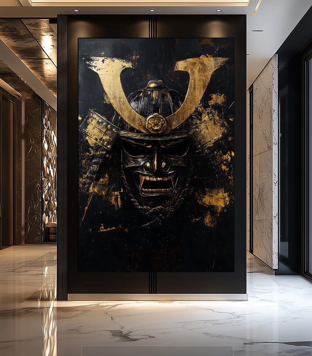 Samurai Wall Art – Gold and Black Japanese Mask Canvas, Luxury Warrior ...