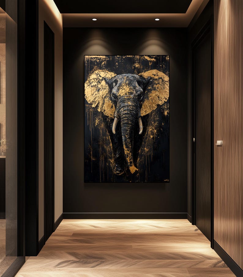 Elephant Wall Art Framed Canvas – Black and Gold Elephant Print ...