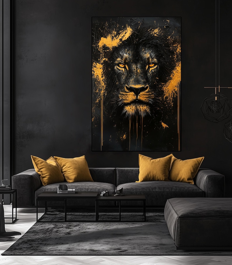 Lion Wall Art – Framed Canvas. Black and Gold Lion Poster Print, Modern ...