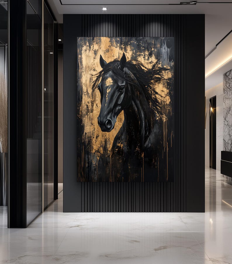 Horse Wall Art – Black and Gold Horse Canvas Print, Elegant Equestrian ...