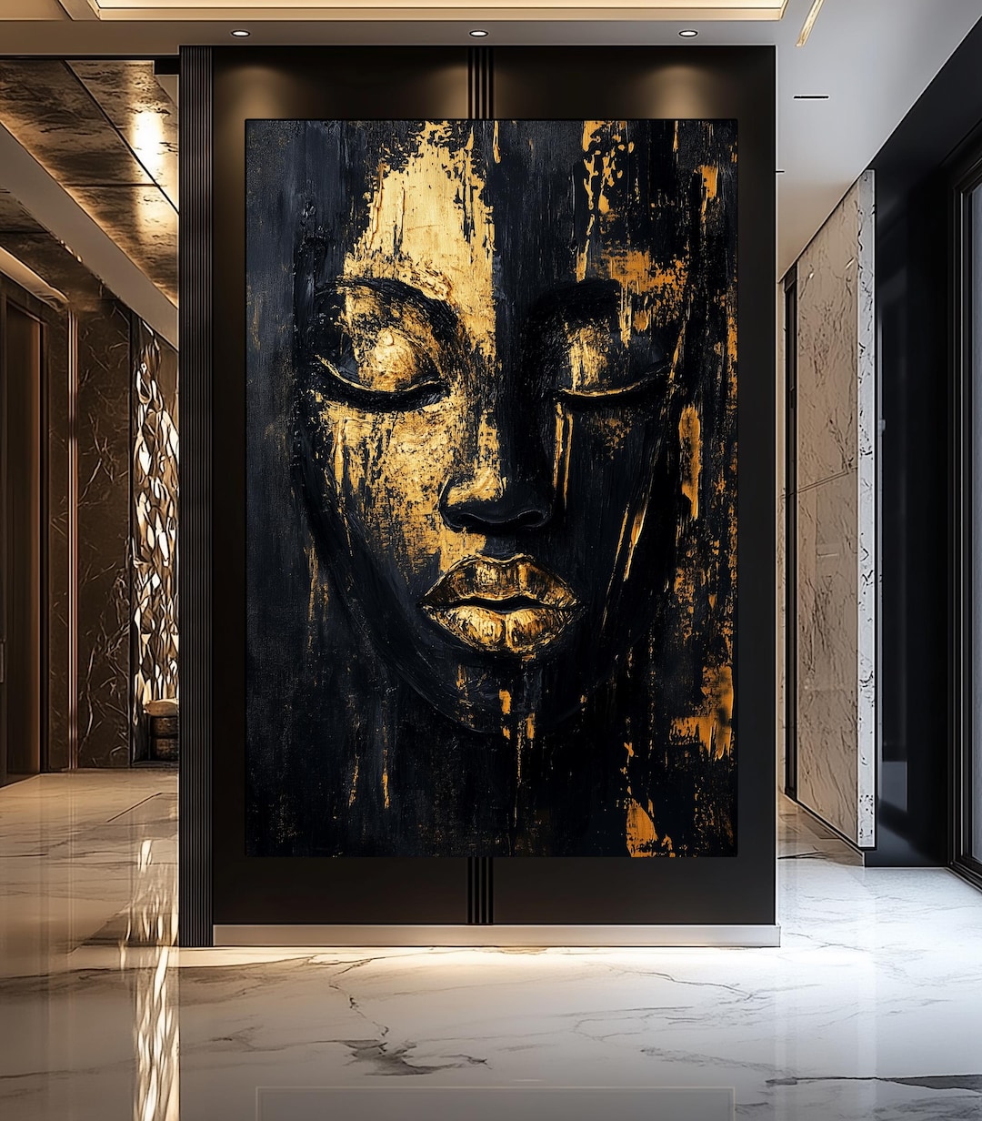 African Wall Art, Female Face Framed Canvas Wall Art, Black and Gold ...