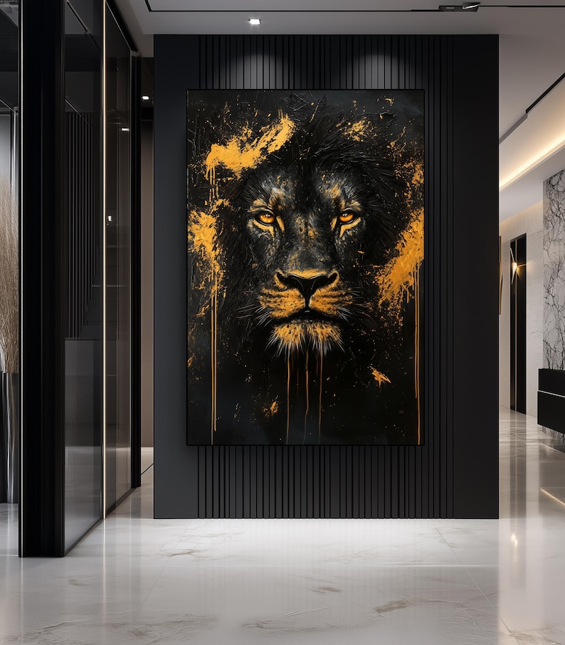 Lion Wall Art – Framed Canvas. Black and Gold Lion Poster Print, Modern ...