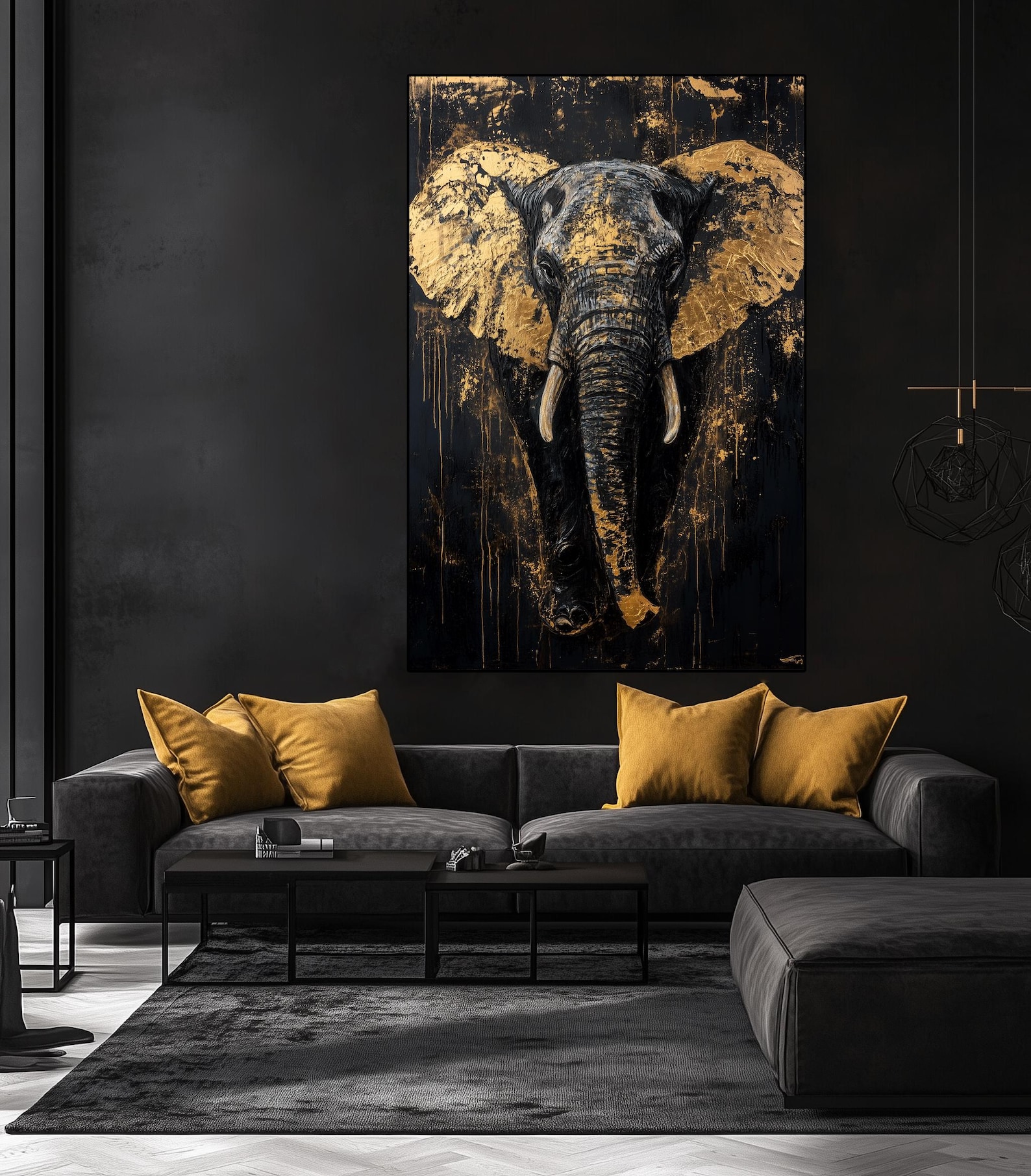 Elephant Wall Art Framed Canvas – Black and Gold Elephant Print ...
