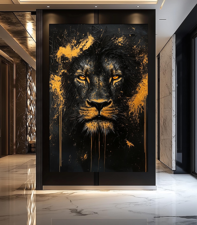 Lion Wall Art – Framed Canvas. Black and Gold Lion Poster Print, Modern ...