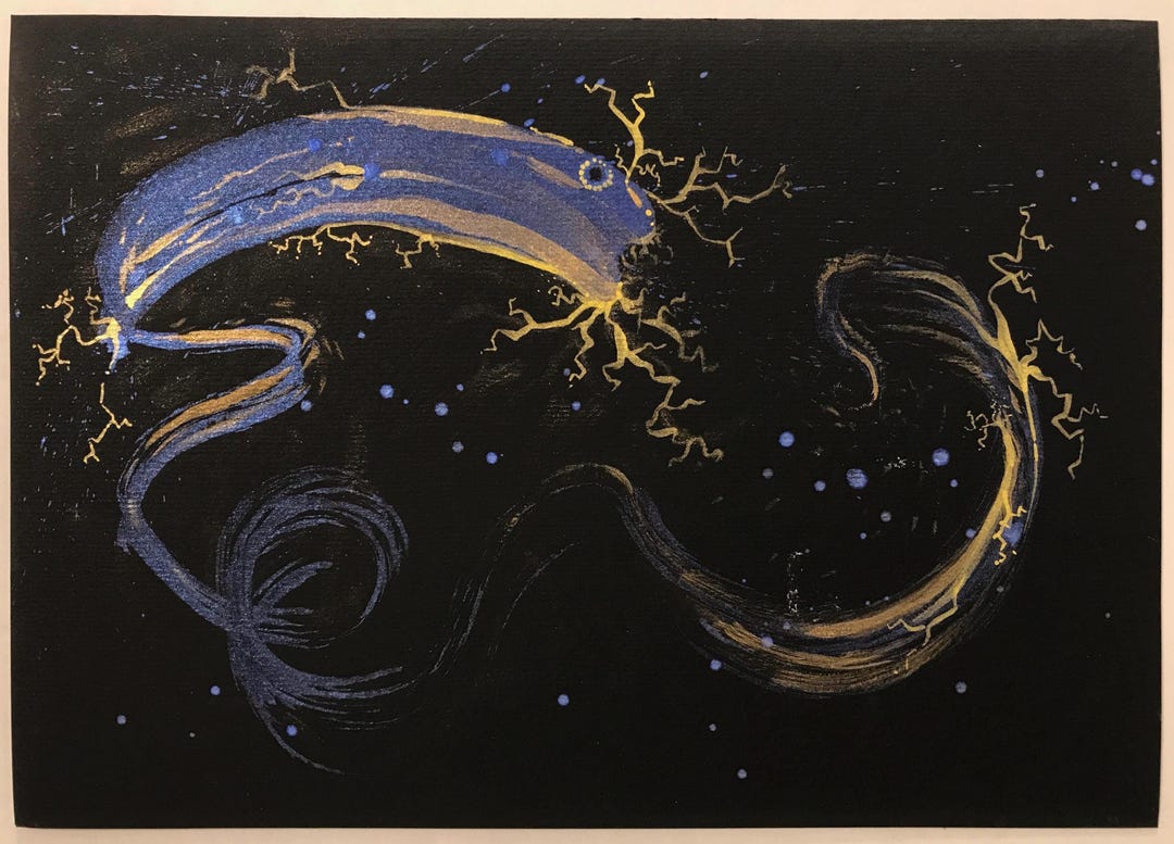 Electric Eel Ink Painting Original Handmade 8 X 12 Black Blue Gold ...