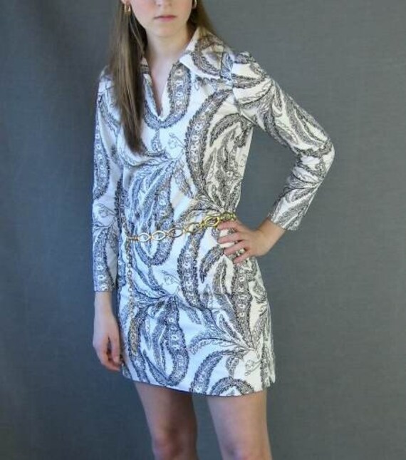 Swinging 60s 70s Mini Dress Hippie Boho Paisley Mod M… - Gem