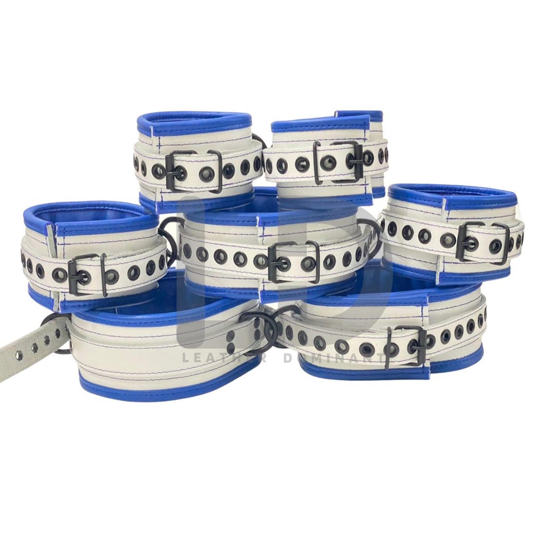 Blue and White Leather 7-piece Restraint Set – Blue Soft Padded Bondage ...