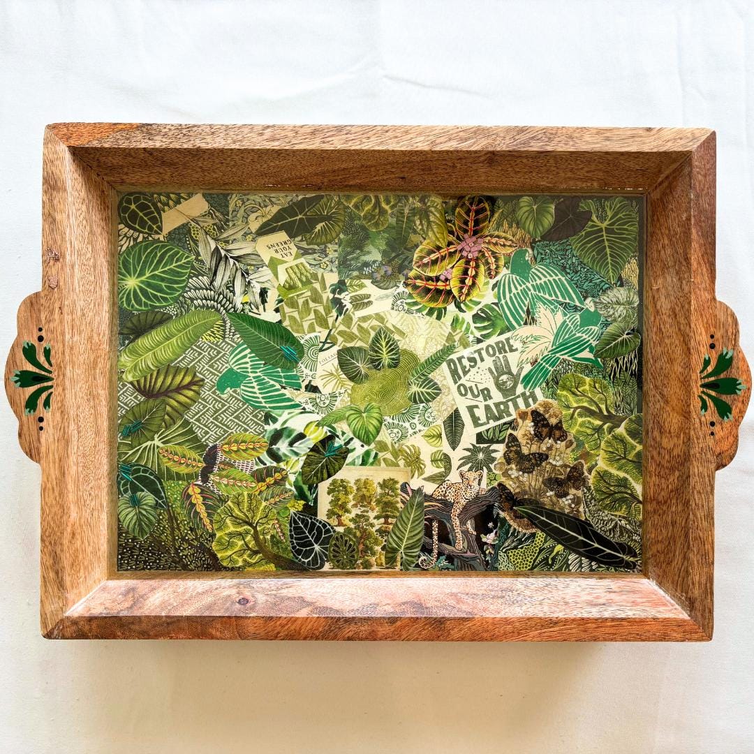 Hidden Jungle Beauties Hand-made Wood & Resin Tray - Fancy Greenery ...