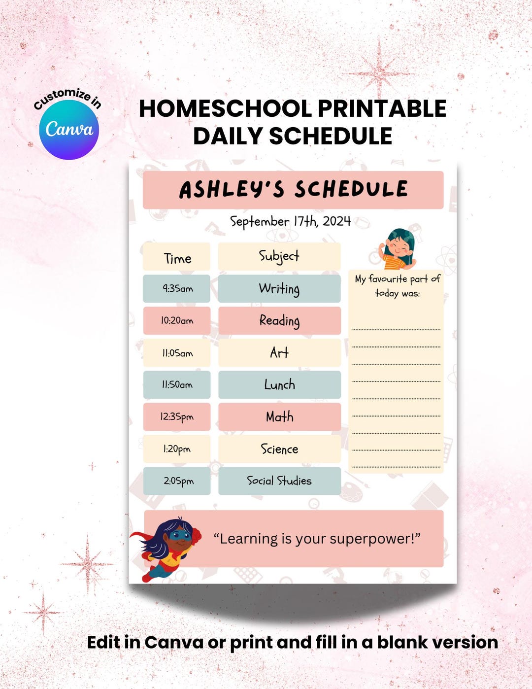 Editable Homeschool Daily Schedule for Kids | Motivational & Daily ...