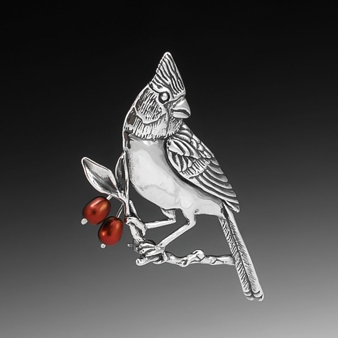 Cardinal Brooch, Pearl, Bird Jewelry, Pearl Jewelry, Sterling Silver ...