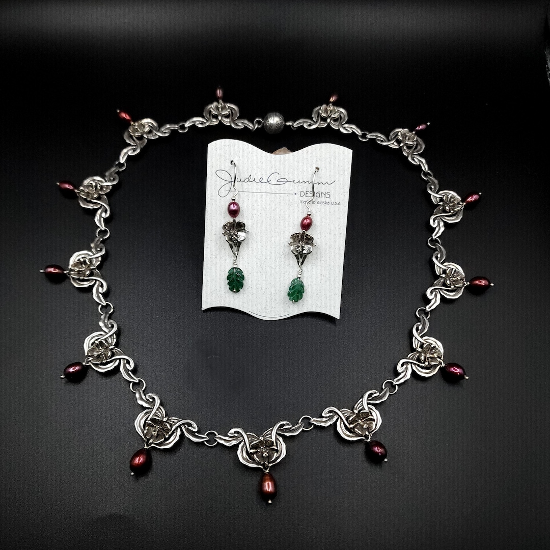 Fireweed Necklace, Pearl, Emerald, Carved Emerald, Botanical, Fireweed ...