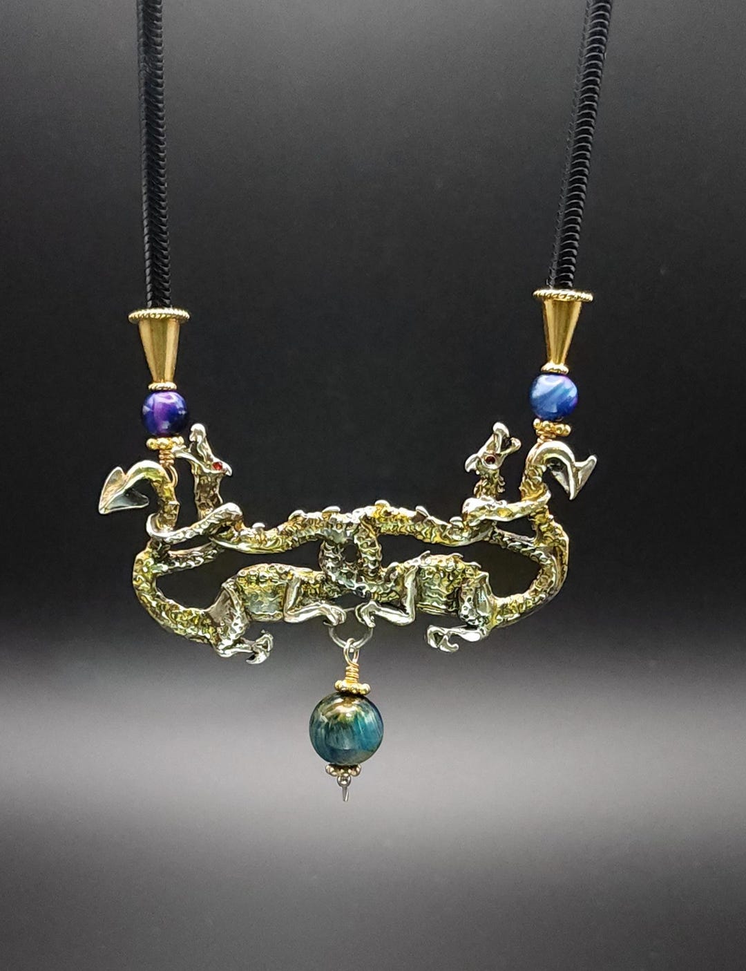 Loong Dragon Neckpiece, Tiger-eye, Gold-fill, Vermeil, Sterling Silver ...