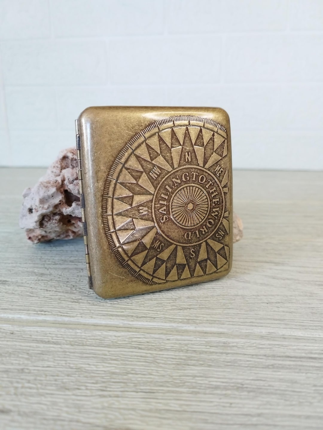 Vintage Metal Cigarette Case With Compass Engraving, Retro Pocket ...