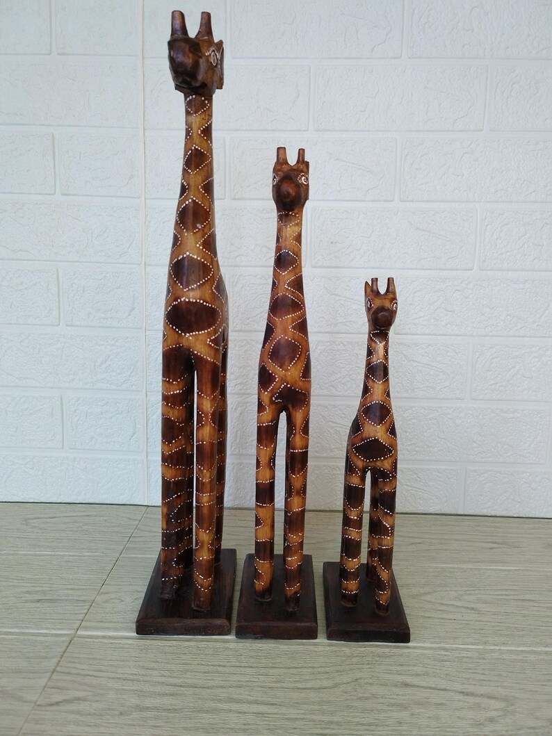 Set of 3 Vintage Giraffe Figurine, Hand-carved Wooden Giraffe Set ...