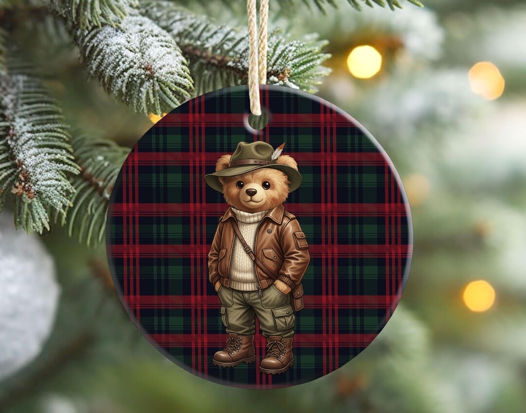 Plaid Teddy Bear Ornament, Explorer Bear Christmas Ornament, Vintage ...
