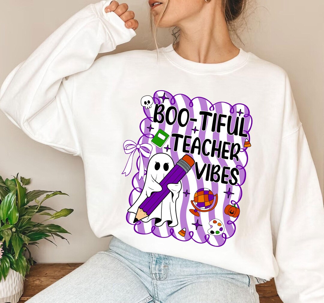 Boo-tiful Teacher Vibes Halloween Sweatshirt, Cute Ghost Teacher Shirt ...