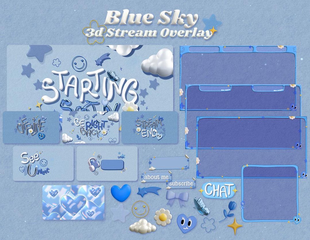 Blue Stream Overlay-pastel Blue-twitch Overlay-animated Screen-3d Stream Asset-stream Pack-cute ...