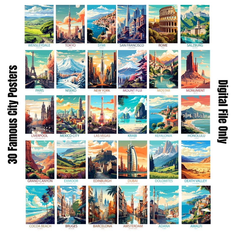 30 Famous City Posters Bundle Digital Wall Art Travel Prints of Iconic ...