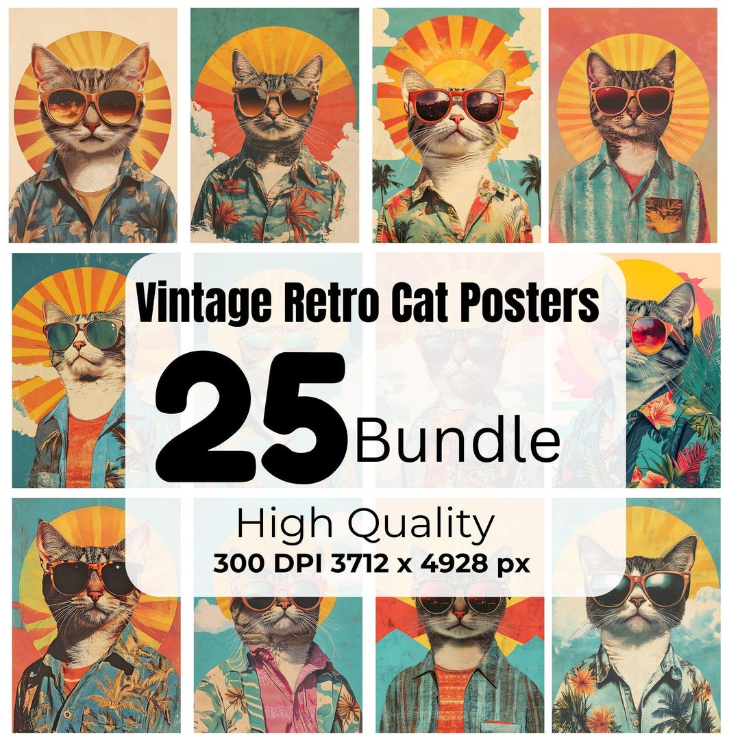 25 Retro Vintage Cool Cat Poster, Vintage Retro Wall Art Bundle ...