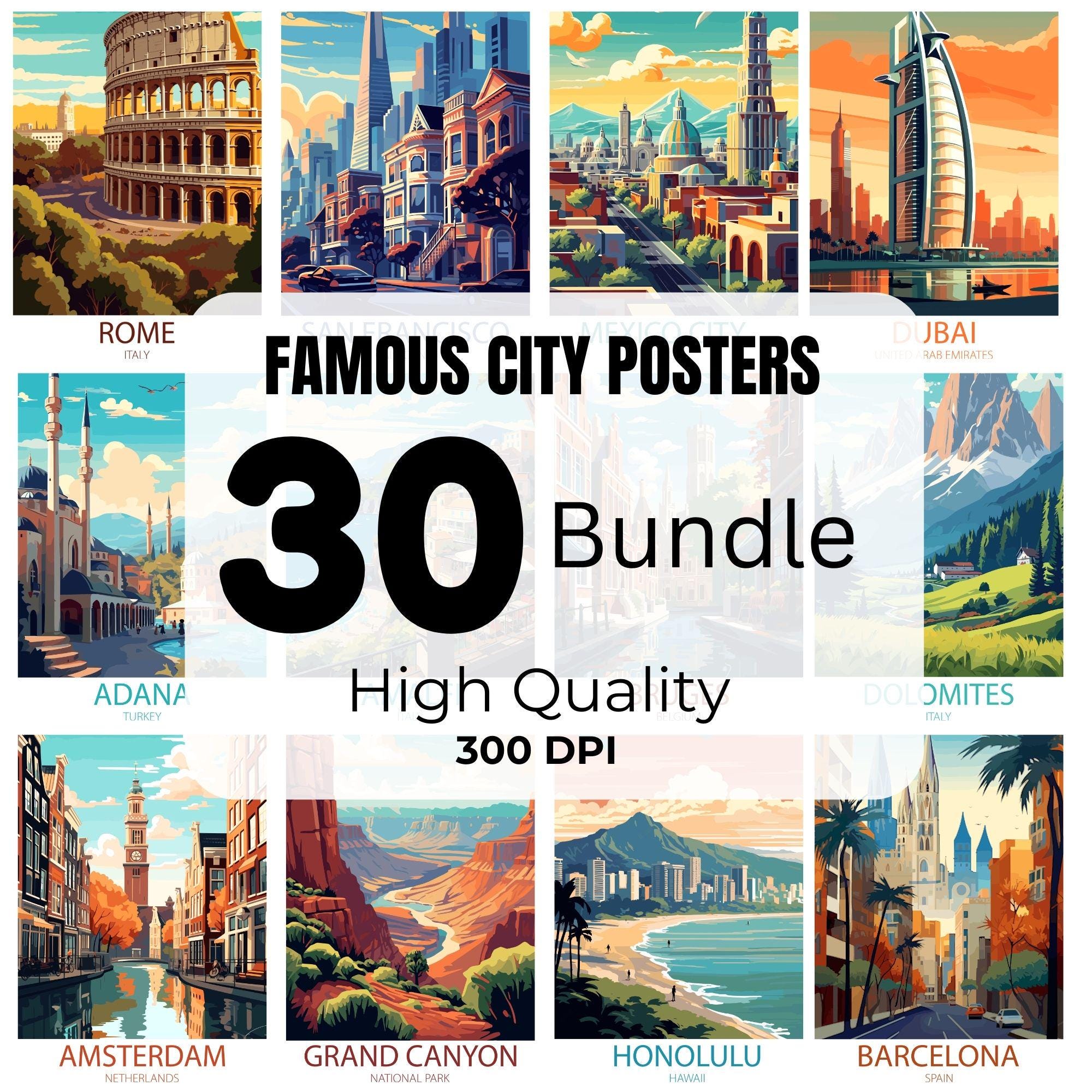 30 Famous City Posters Bundle Digital Wall Art Travel Prints of Iconic ...