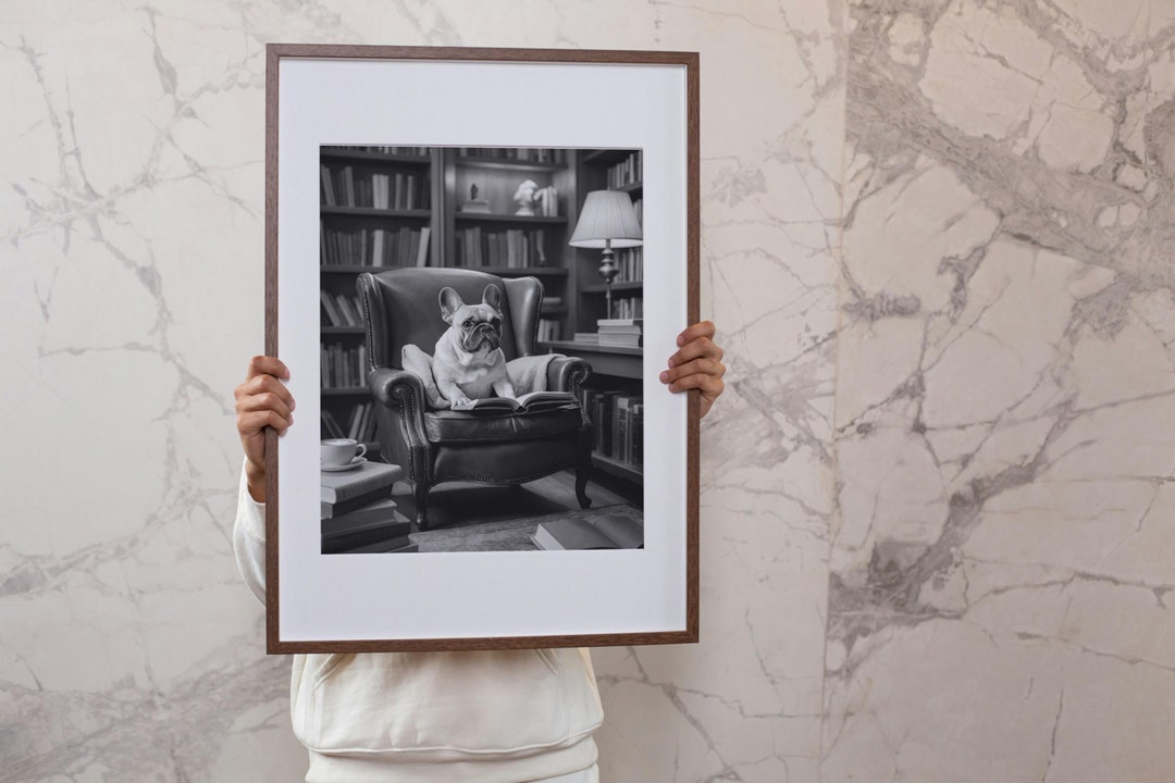French Bulldog in Library Wall Art, French Bulldog in Armchair, Black ...