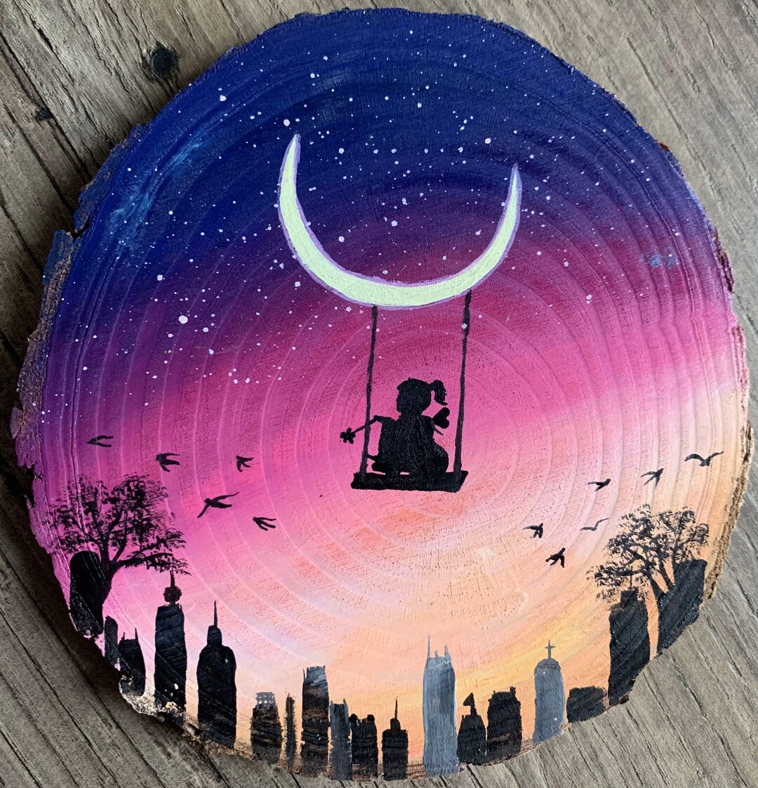 Swinging on the Moon Acrylic on 4in Circular Wood Slice - Etsy