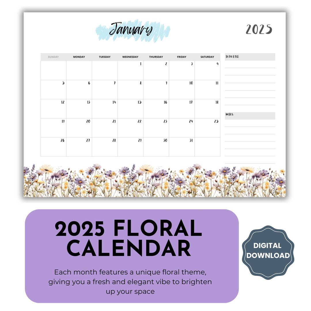 Printable Calendar 2025: Floral Design Monthly Planner Notes & To-do ...