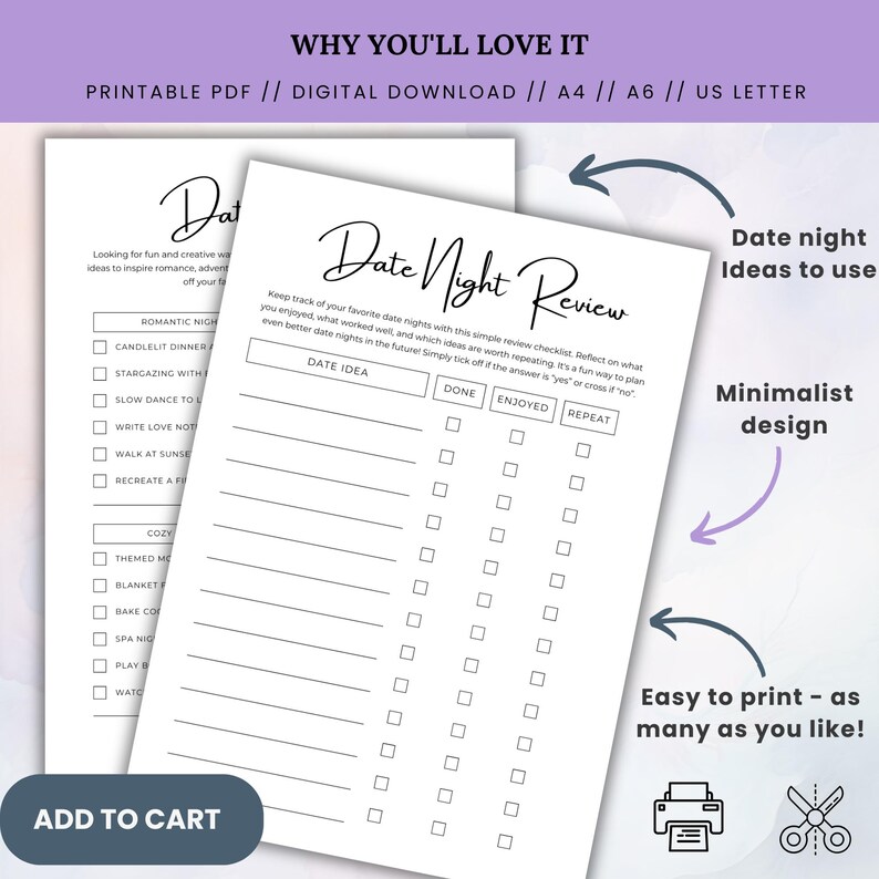 Printable Date Night Checklist and Ideas, Digital Download, A4, A5 ...