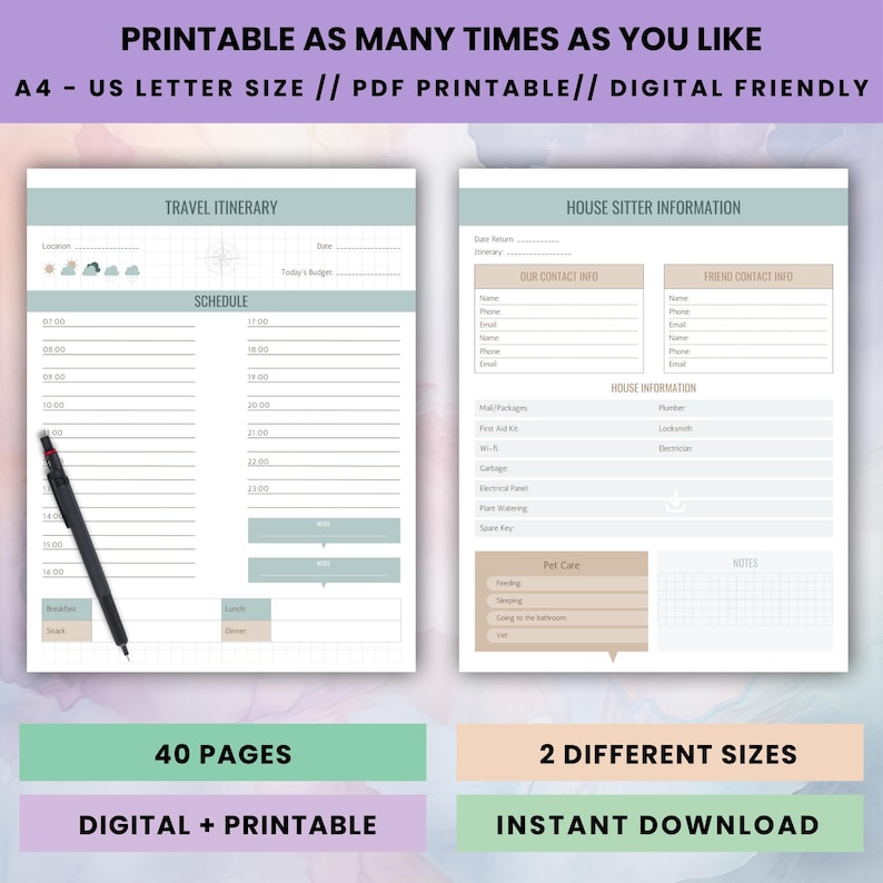 40-page Travel Planner, Trip Itinerary, A4 US Letter (PDF) - Etsy