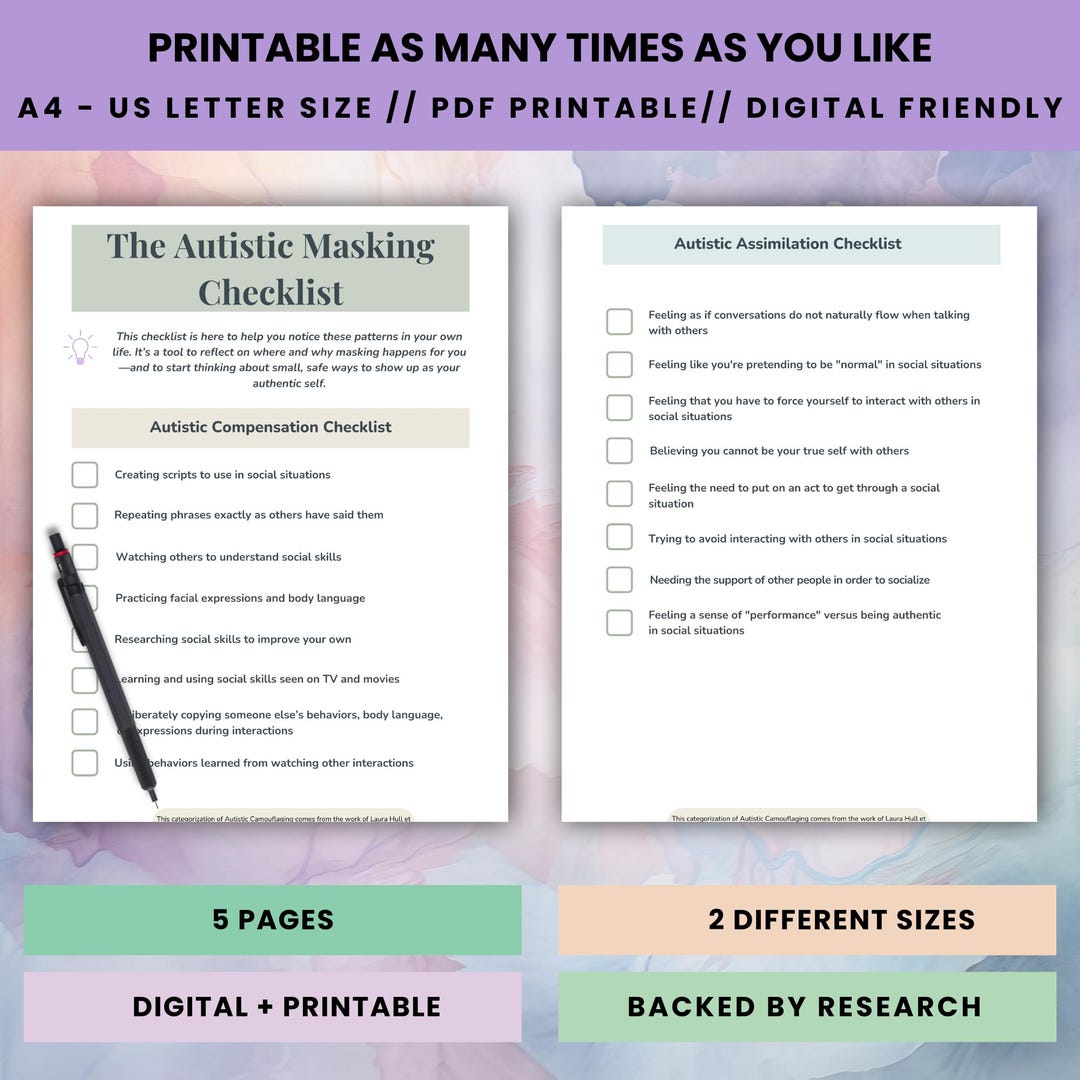 Autism Masking Checklist, Autism Resources & Printable Worksheets, 3 ...