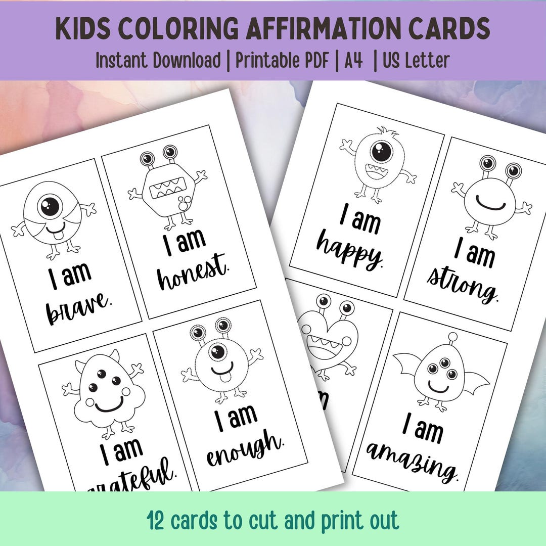 Printable Kids Affirmation Coloring Cards: Positive Designs (digital ...